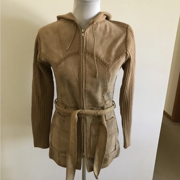 Sweaters | Vtg Tan Hooded Sweater Suede Leather Front With Zipper ...